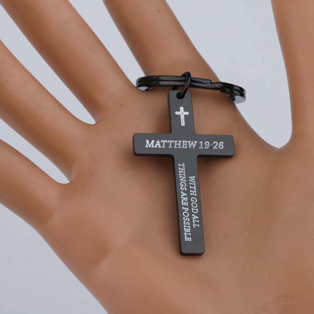 KUIYAI Matthew 19:26 with God All Things are Possible Cross Religious Keychain Christian Gift Bible Verse Inspirational Keyring (Black keychain)