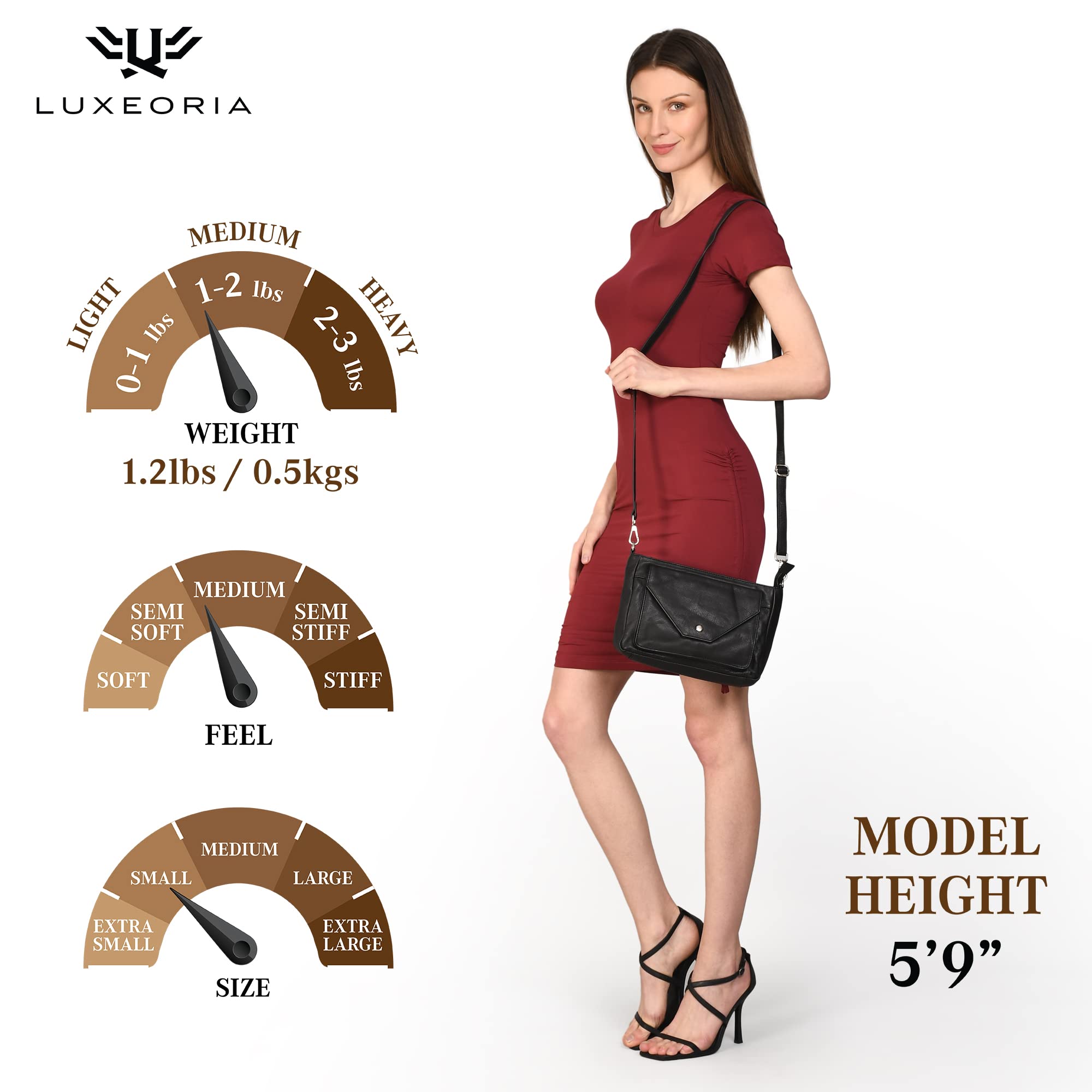 LUXEORIA Genuine Leather Crossbody Bags for Women, Handmade Sling Bag, Adjustable Straps, Trendy Unisex Cross-Shoulder Purses, Retro - Deep Brown