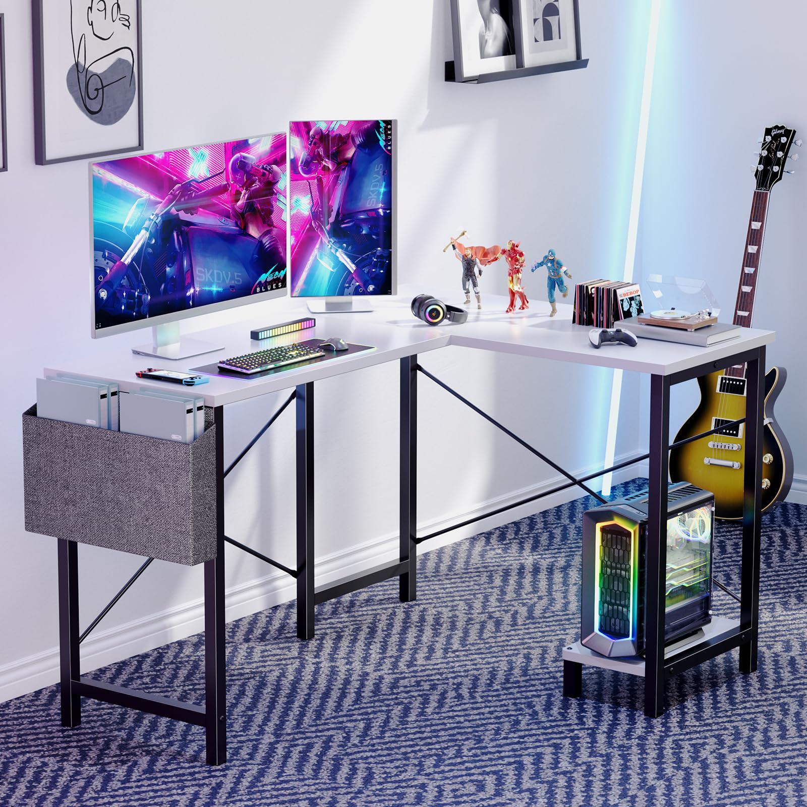 Sweetcrispy L Shaped Desk Gaming Computer 50 Inch Reversible Corner White Table PC Work Table for Writing Study Student with Wood Tabletop Metal Frame CPU Stand Side Bag for Home Office Small Place