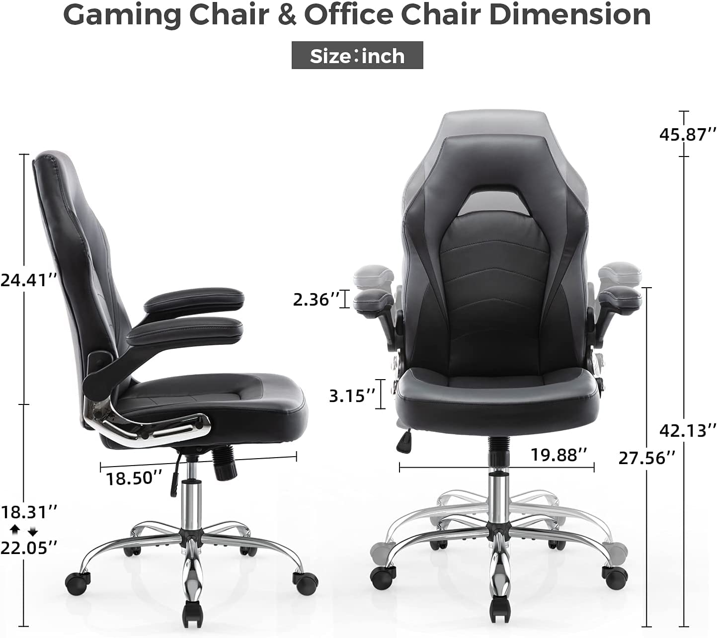 Office Gaming Chair - Ergonomic Computer Desk Chairs with Flip-up Armrest, Executive Swivel Chair, PU Leather, Thick Padding