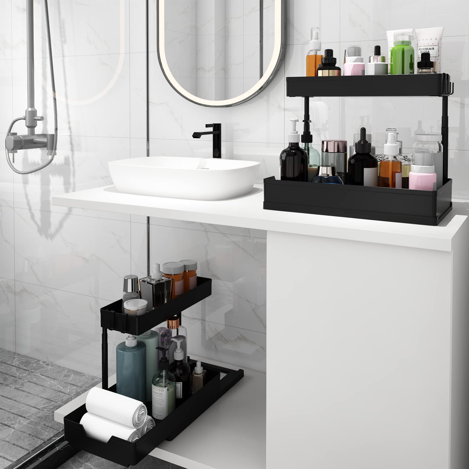PUWEER 2 Pack Pull-out Under Sink Organizers and Storage, Under Kitchen Bathroom Cabinet Organizer with Hooks, Adjustable Height Multi-purpose Under Sink Shelf Organizer