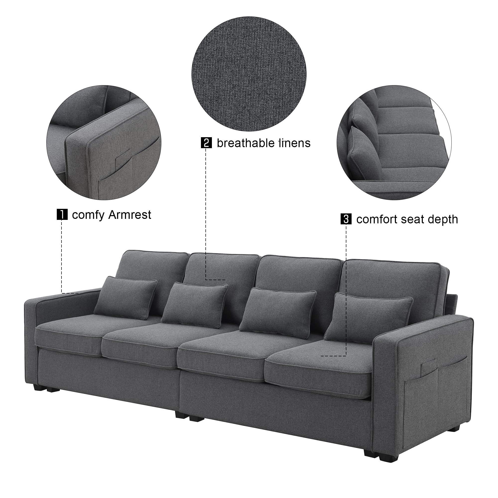 WIIS' IDEA 104" Modern Sectional Sofa Couch,4-Seater Modern Linen Fabric Sofa with Armrest Pockets and 4 Pillows,Minimalist Style Couch for Living Room,Apartment,Office(Dark Gray)