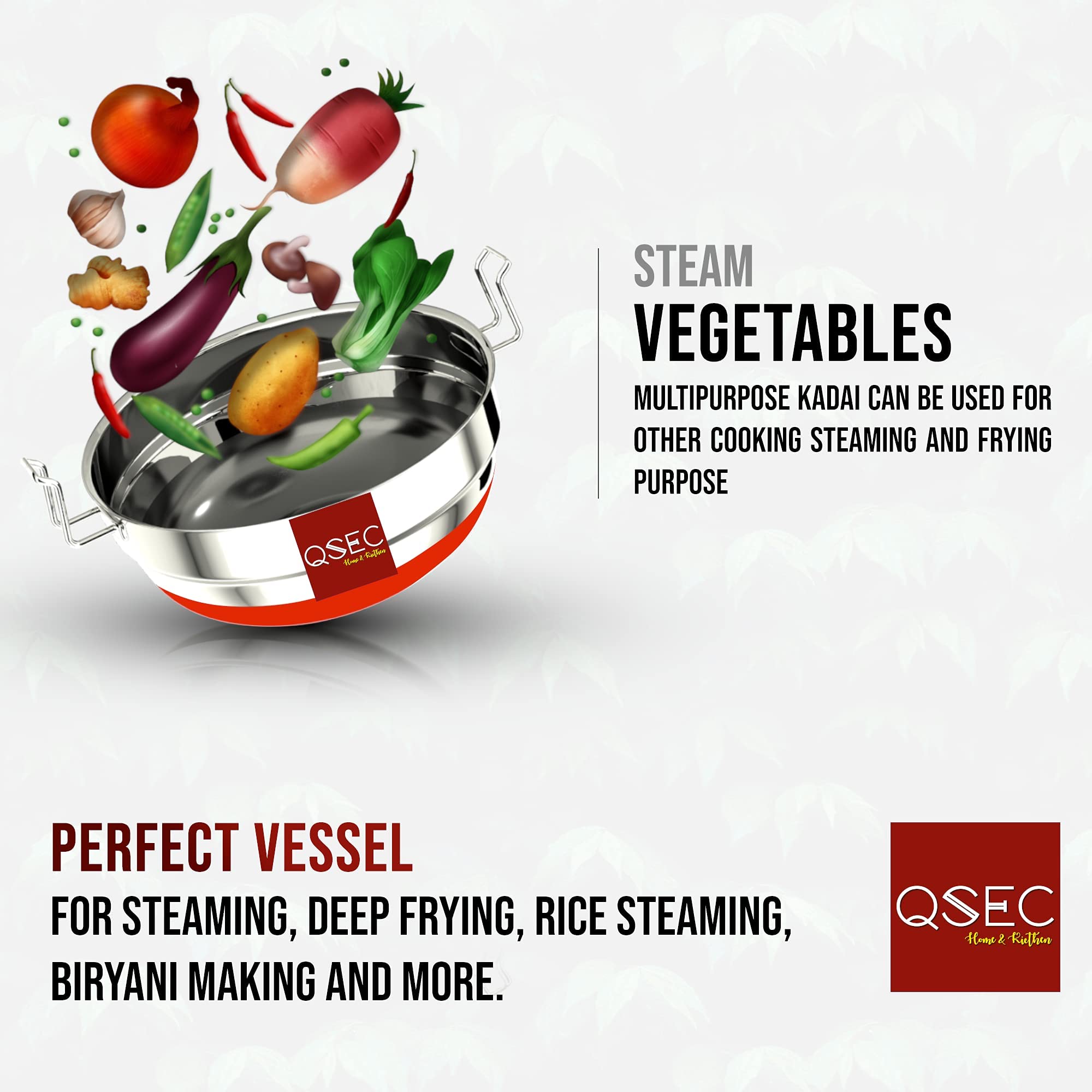 QSEC Stainless Steel Idli Cooker Multi Kadai Steamer with Copper Bottom All-in-One Big Size 5 Plate 2 Idli | 2 Dhokla | 1 Patra | Momo's | 3 in 1 | 28.5 cm Dia.