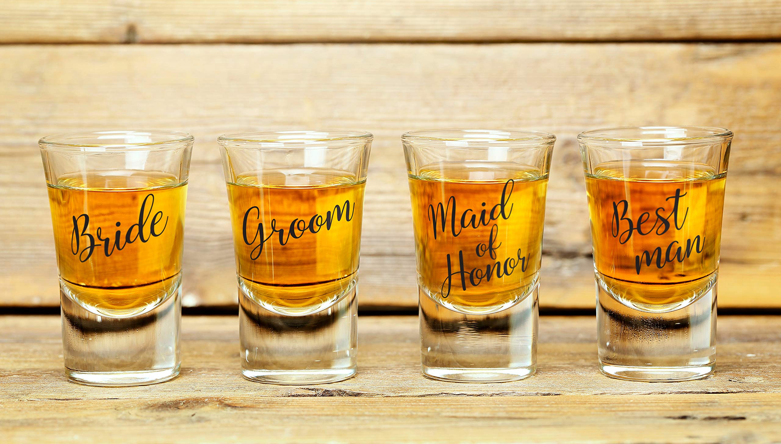 Lillian Rose Bride, Groom, Maid of Honor, and Best Man Shot Glass Set, 4 Count (Pack of 1), Clear