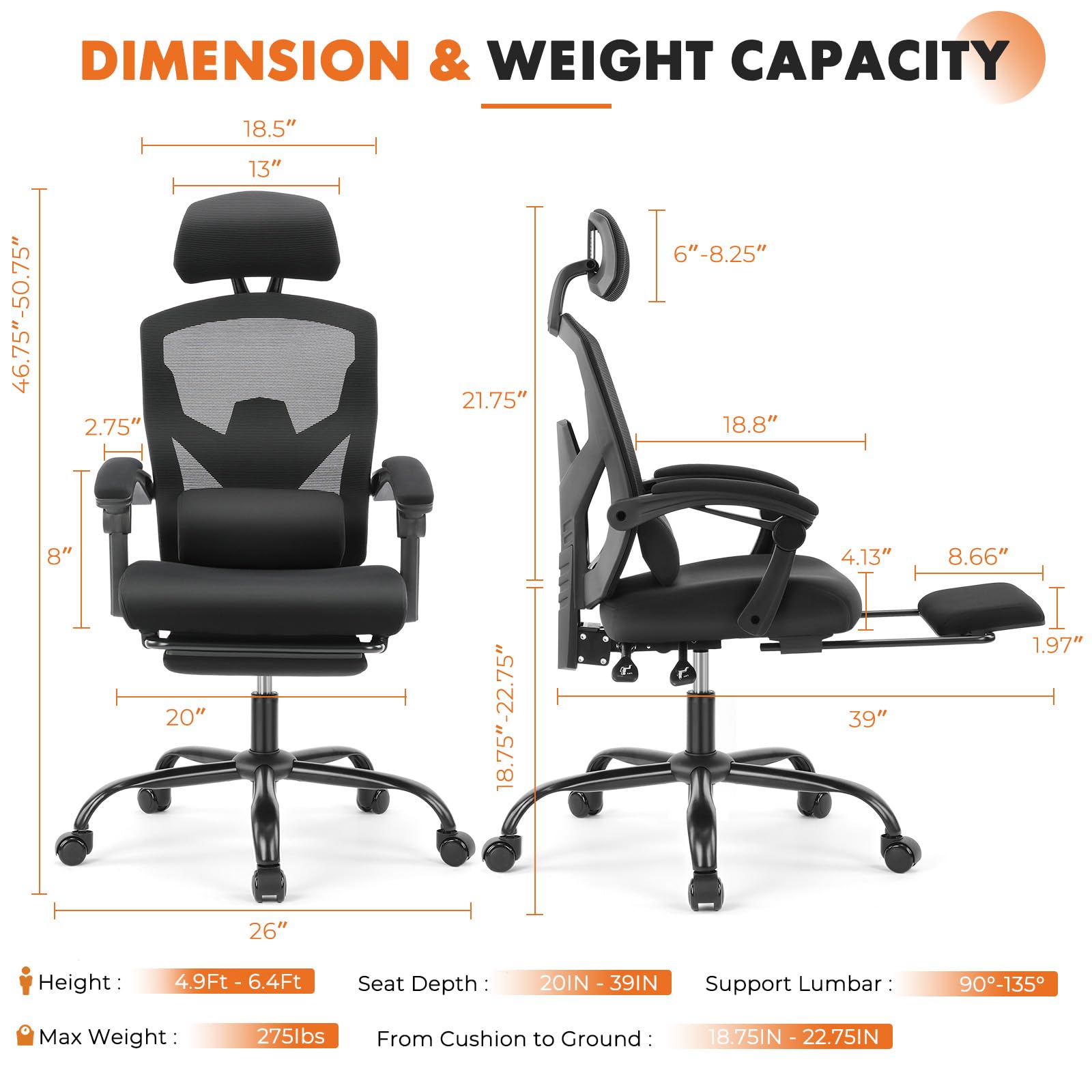 Sweetcrispy Office Computer Desk Chair, Ergonomic High-Back Mesh Rolling Work Swivel Chairs with Wheels, Comfortable Lumbar Support, Comfy Arms for Home, Bedroom, Study, Student, Black