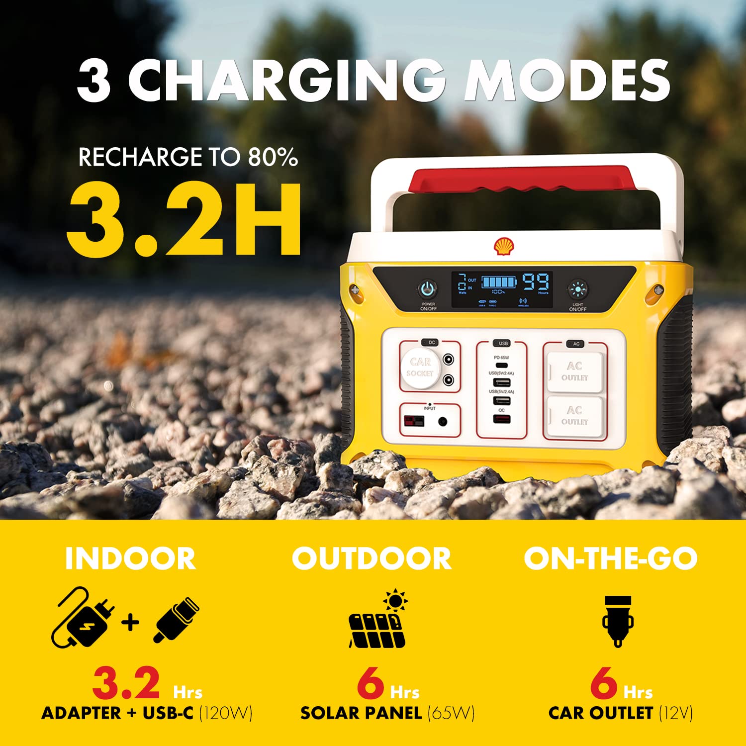 Shell Portable Power Station, 583Wh Solar Generator (Solar Panel Optional) with Lithium Battery Pack, 500W 10-Port,2 AC Outlets,60W USB-C PD Port,LED Light + Emergency Triangle, Portable Power Supply