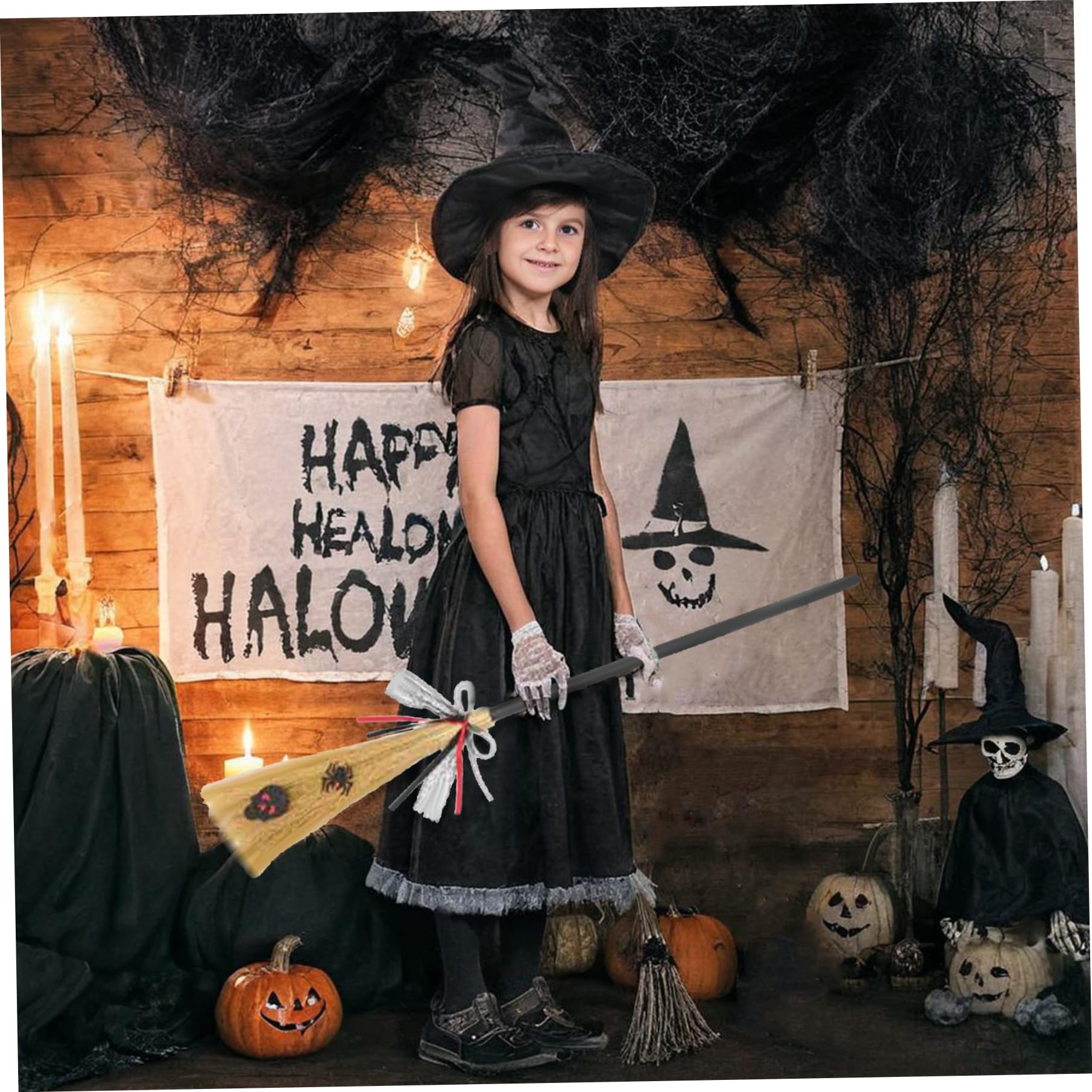 Yeory Witch Broom, 3Pcs Witch's Broom Stick, 44in Halloween Broom, Evil Witch Broomstick, Decorative Broom for Halloween