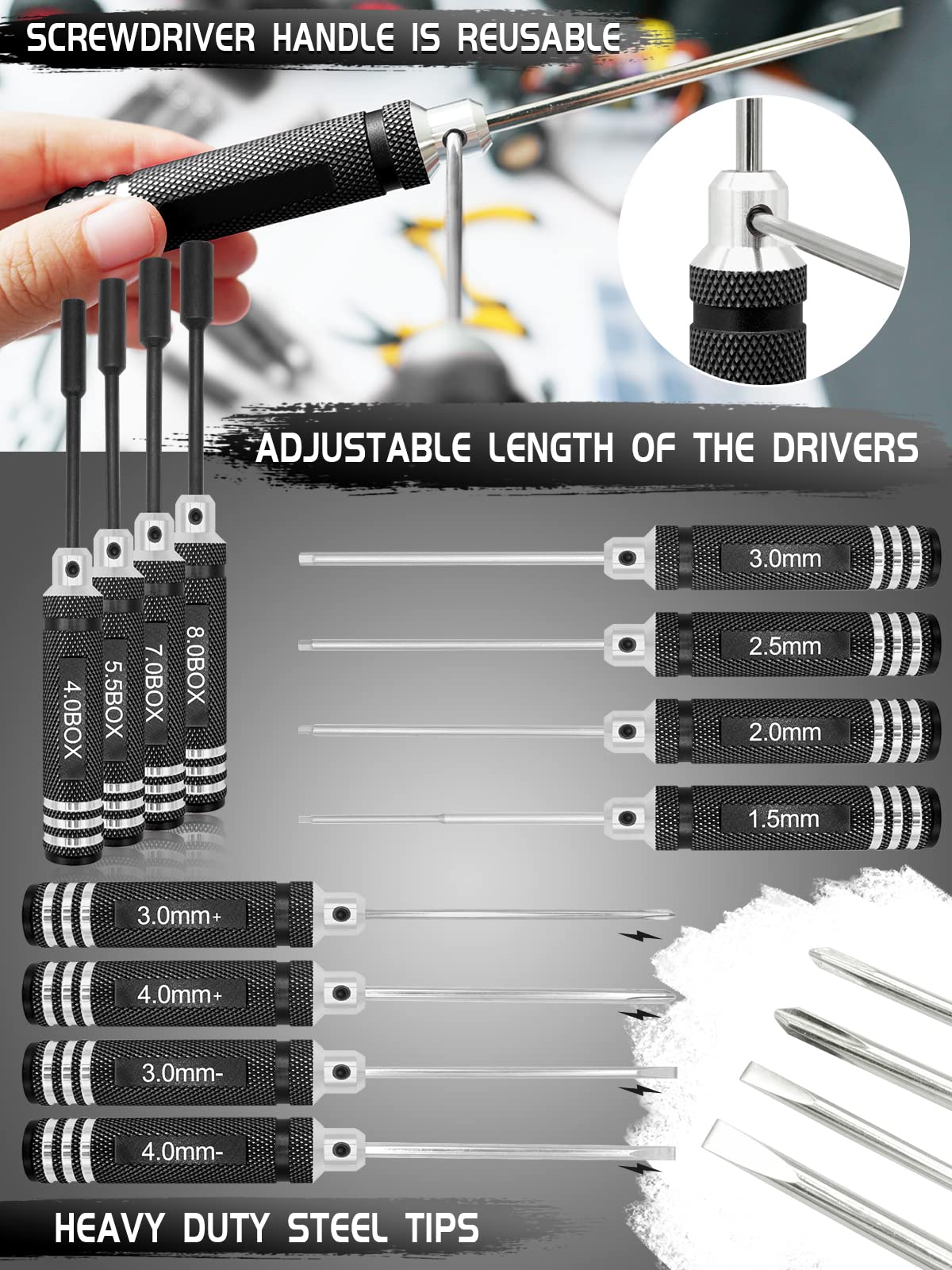 OGRC Tool Kit - Screwdriver Set (Flat, Phillips, Hex) RC Work Stand, 522PCS Screw Kit, Pliers Set, Body Reamer, Wrench, Tray, Repair Tools for RC Car Boat Quadcopter Helicopter β 26pcs (Black)