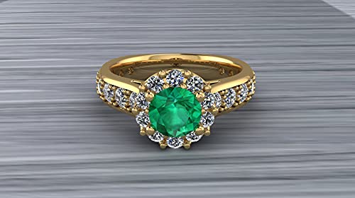 LMDPRAJAPATIS 7 mm Round Certified Green Emerald Gemstone 925 Sterling Silver Women's Ring/Wedding Engagement Ring Size 4.5 Color - Yellwo Gold Model No.02