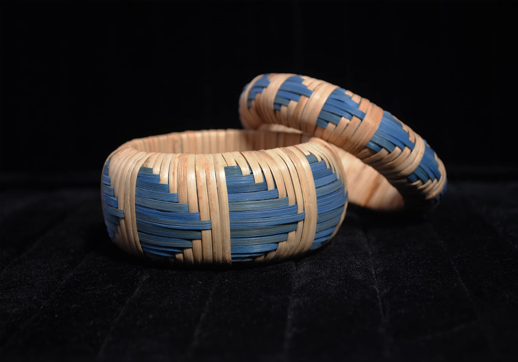 Pure Hands Veracious Artistry - Masterfully Handwoven Half-Rhombus Designed Blue Colored Rattan Bracelets for Women
