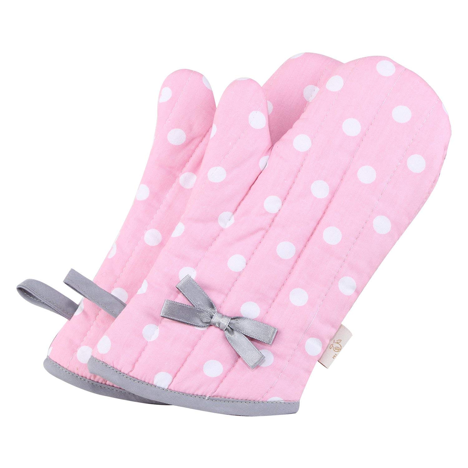 NEOVIVA Kitchen Oven Mitts for Kids, Heat Resistant Cotton Oven Gloves Set of 2 for Cooking Baking, Kitchen Gloves for Farmhouse Restaurant, Polka Dots Pink