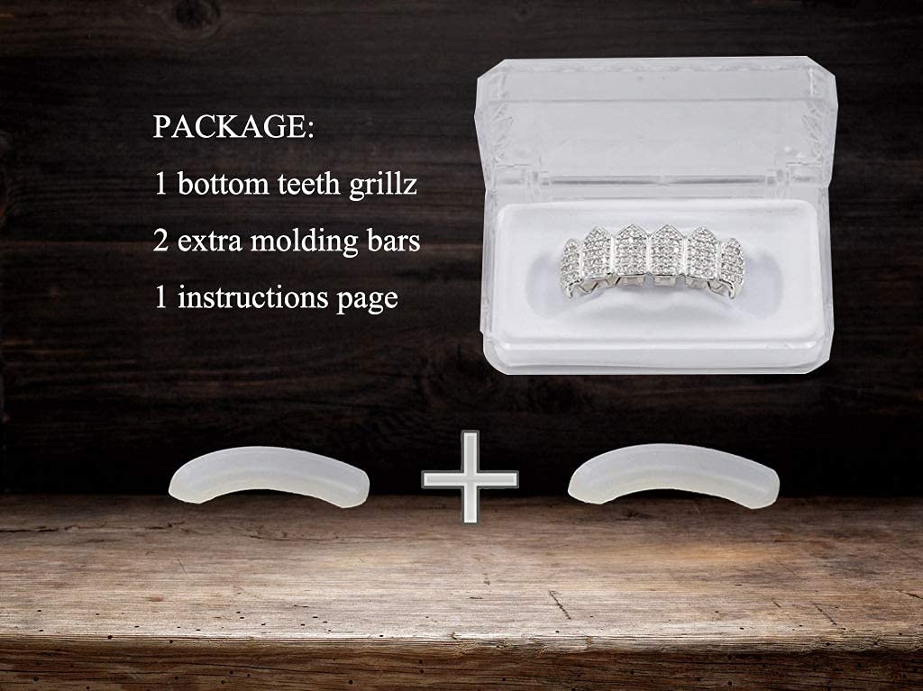 JINAO 18K Gold Plated Iced out CZ Fang Top Bottom Mouth Teeth Grills Set (SILVER BOTTOM)