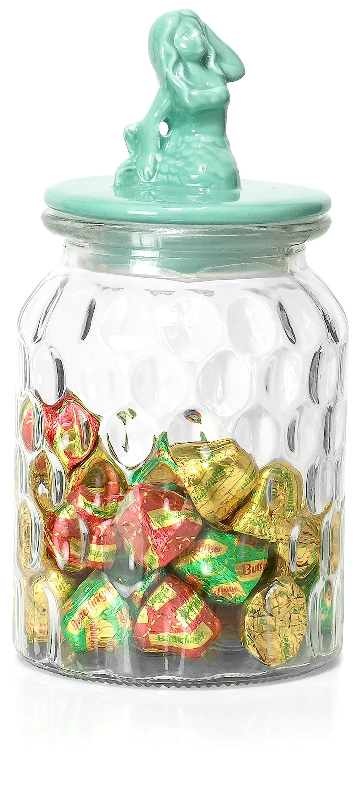 Red Co. 32.75 Oz Dimpled Glass Food Storage Jar with Mermaid Ceramic Airtight Lid, Clear/Teal Blue