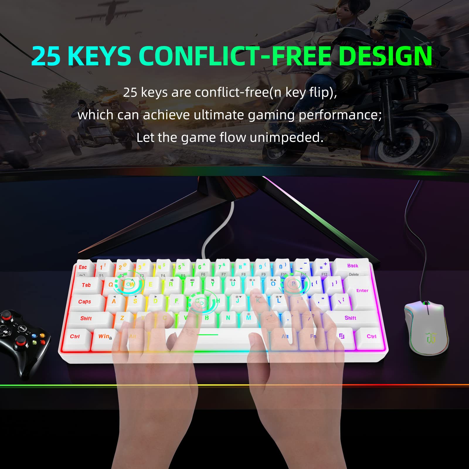 Snpurdiri 60% Wired Gaming Keyboard, 61 Keys RGB Backlit Wrist Rest Ultra-Compact Mini Waterproof Keyboard for PC Computer Gamer (White)