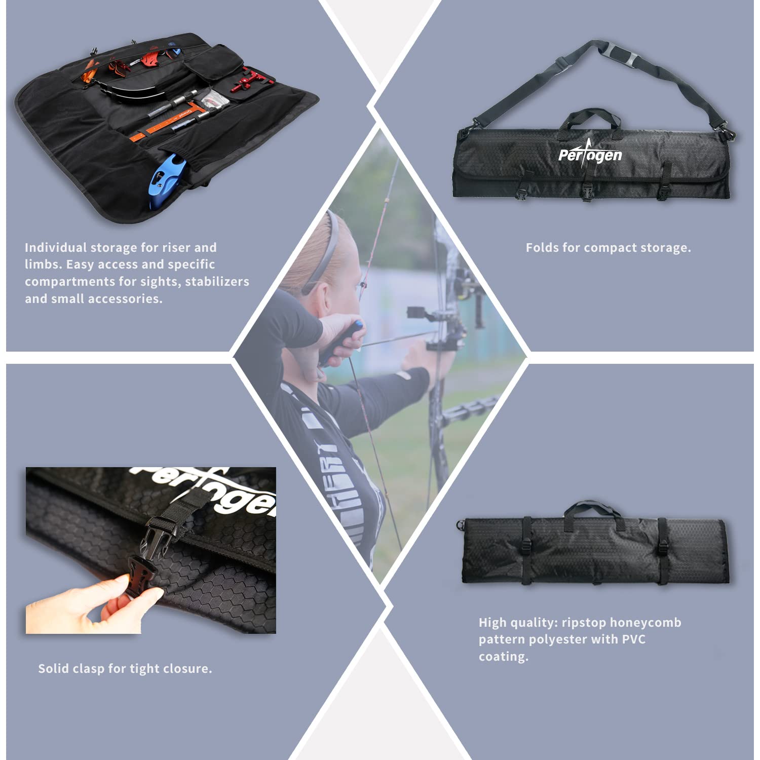 Perogen Archery Rolled-Up Takedown Recurve Bow Cases Soft Bow Bag with Arrow Tube Holder