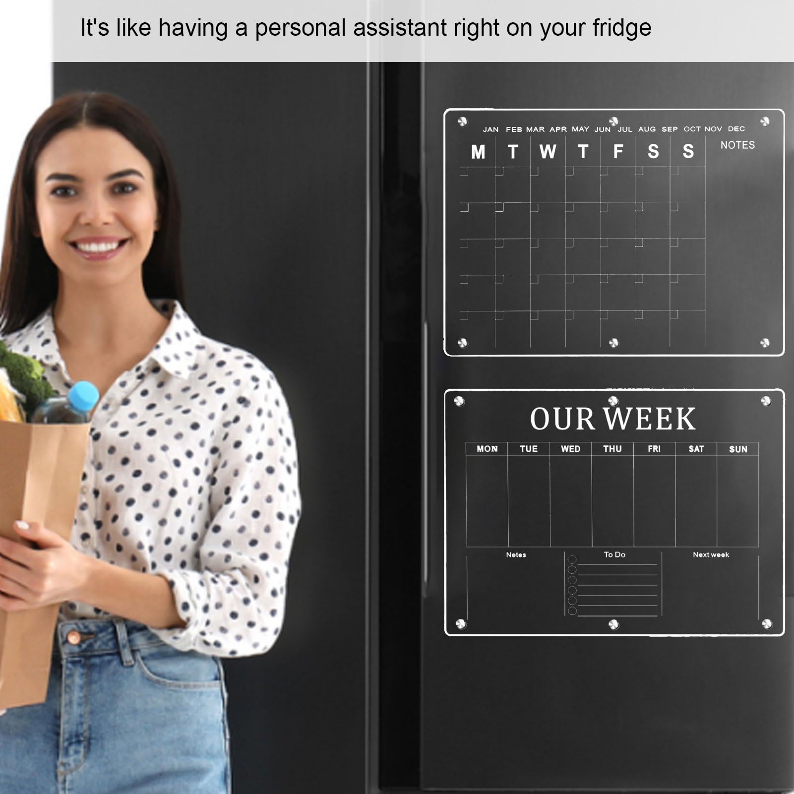 MACIKWON Magnetic Fridge Calendar Dry Erase,Acrylic Clear Monthly and Weekly Planner Board for Fridge with Dry Erase Markers (Plastic)