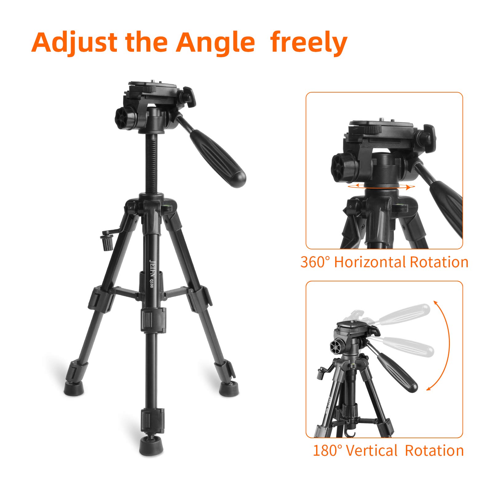 JEIFN Q100 Tabletop Camera Tripod for Travel and Indoor with 3-Way Pan Head, 1/4 inches Quick Release Plate and Phone Clip for DSLR Camera (Black)