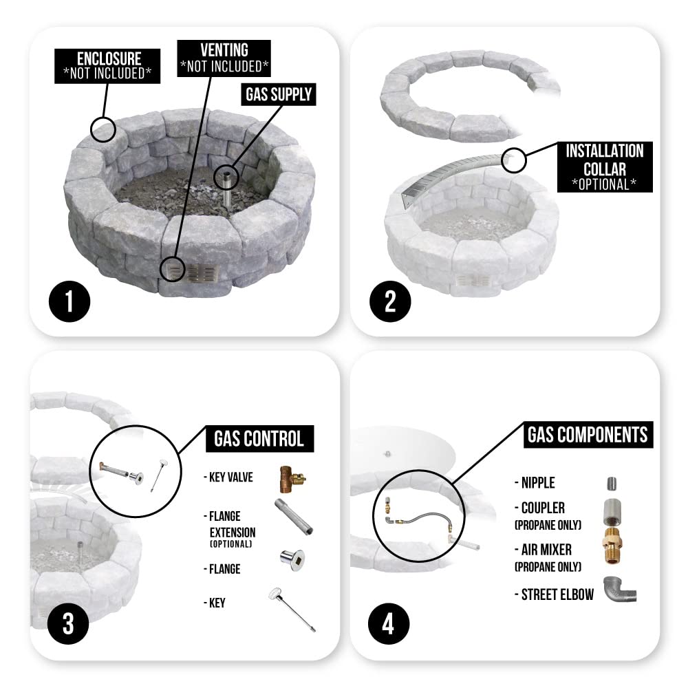 Spotix HPC Penta Match Lit Fire Pit Burner Kit with 36-Inch Stainless Steel Burner and 42-Inch Round Flat Pan, Natural Gas, Polished Chrome, with Flange, Key, Valve, Flex Line and Fittings