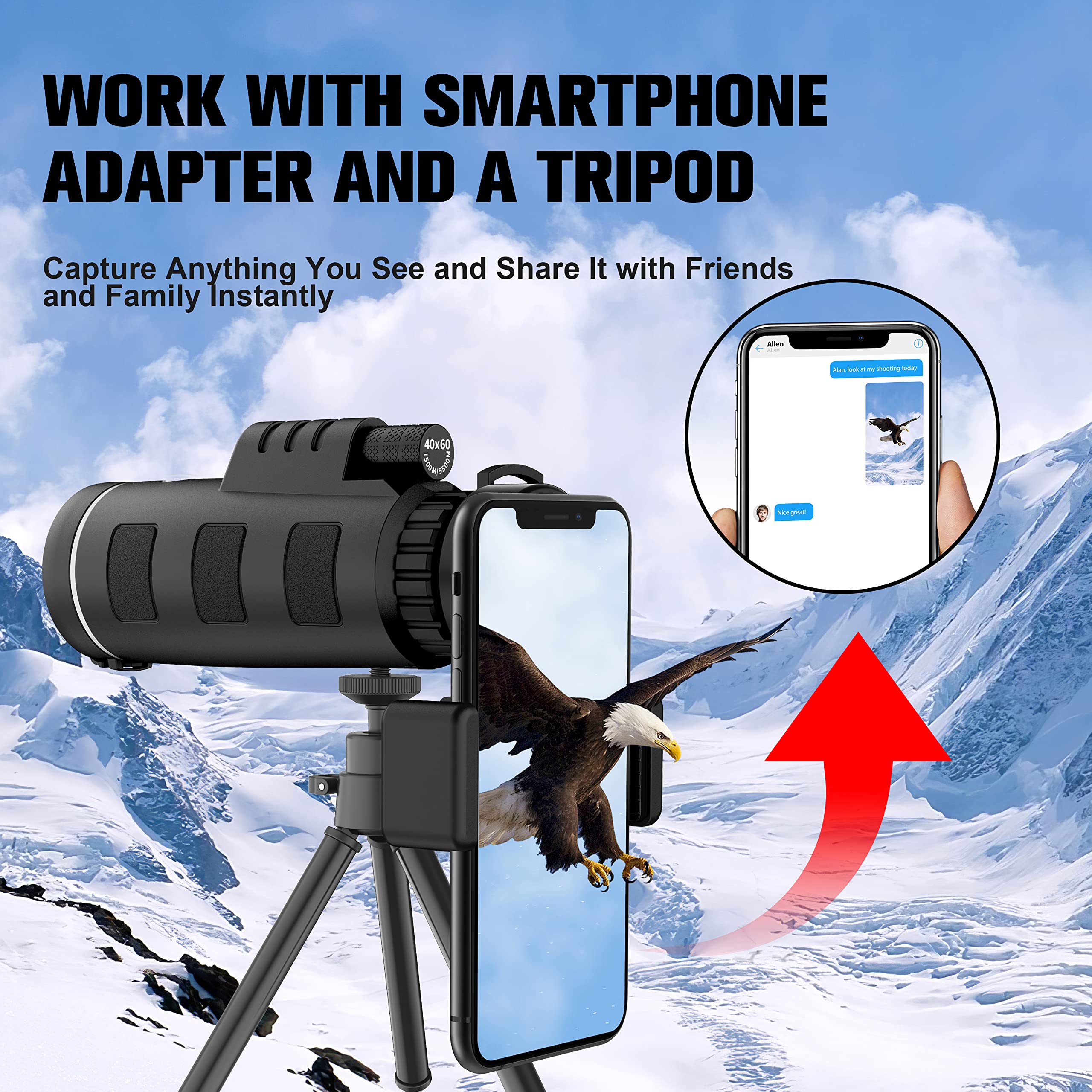 JiaSifu 40x60 High Definition Monocular Telescope with Smartphone Adapter, BAK4 Prism FMC Monocular with Clear Low Light Vision for Wildlife Hunting Camping Travelling(LD006-00A-38)
