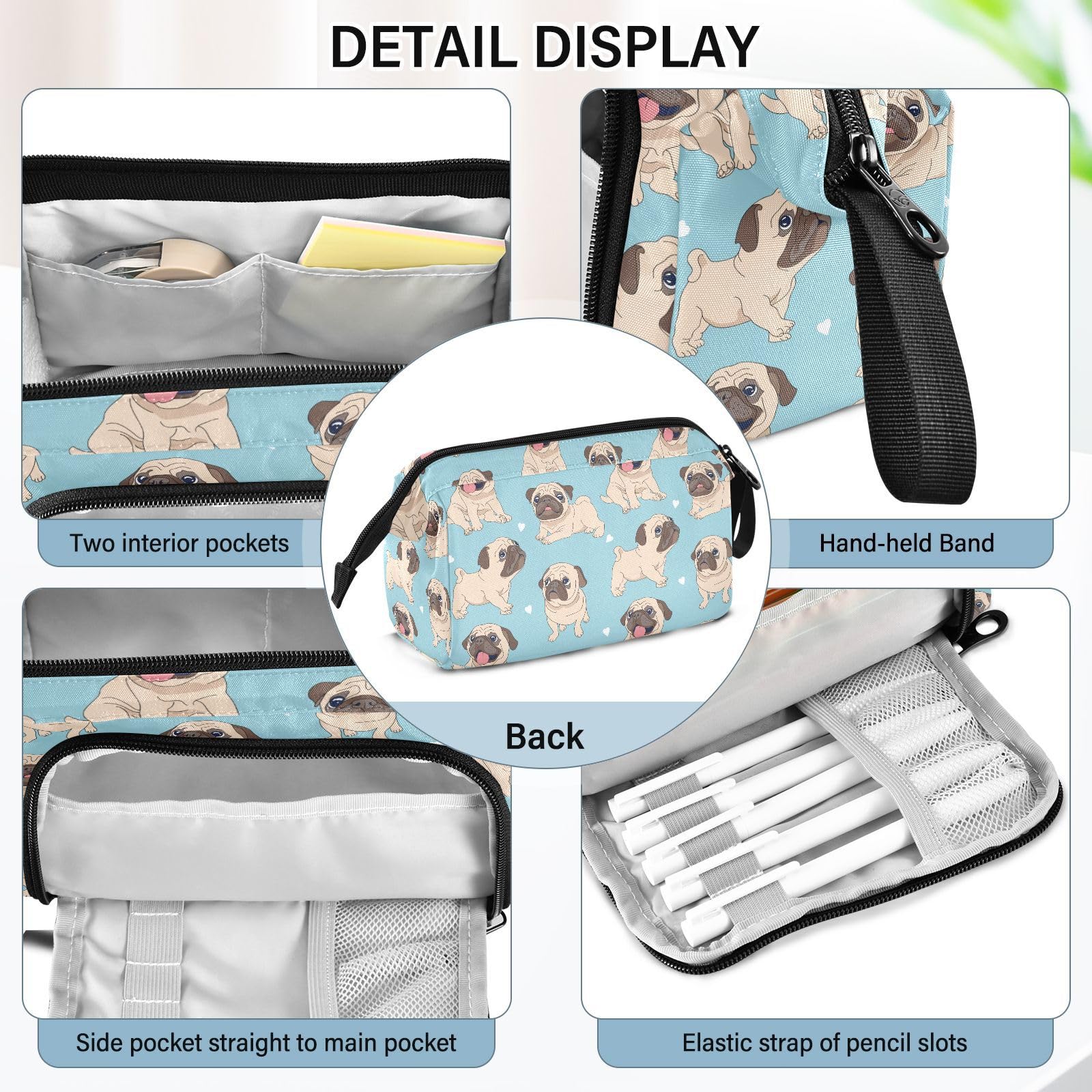 YMGQYJ Large Capacity Pencil Case Funny Cartoon Pugs Puppies Pattern, Stationery Organizer Pencil Pouch Bag for Office Travel 1 Pack 9.4x3.7x5.9 in