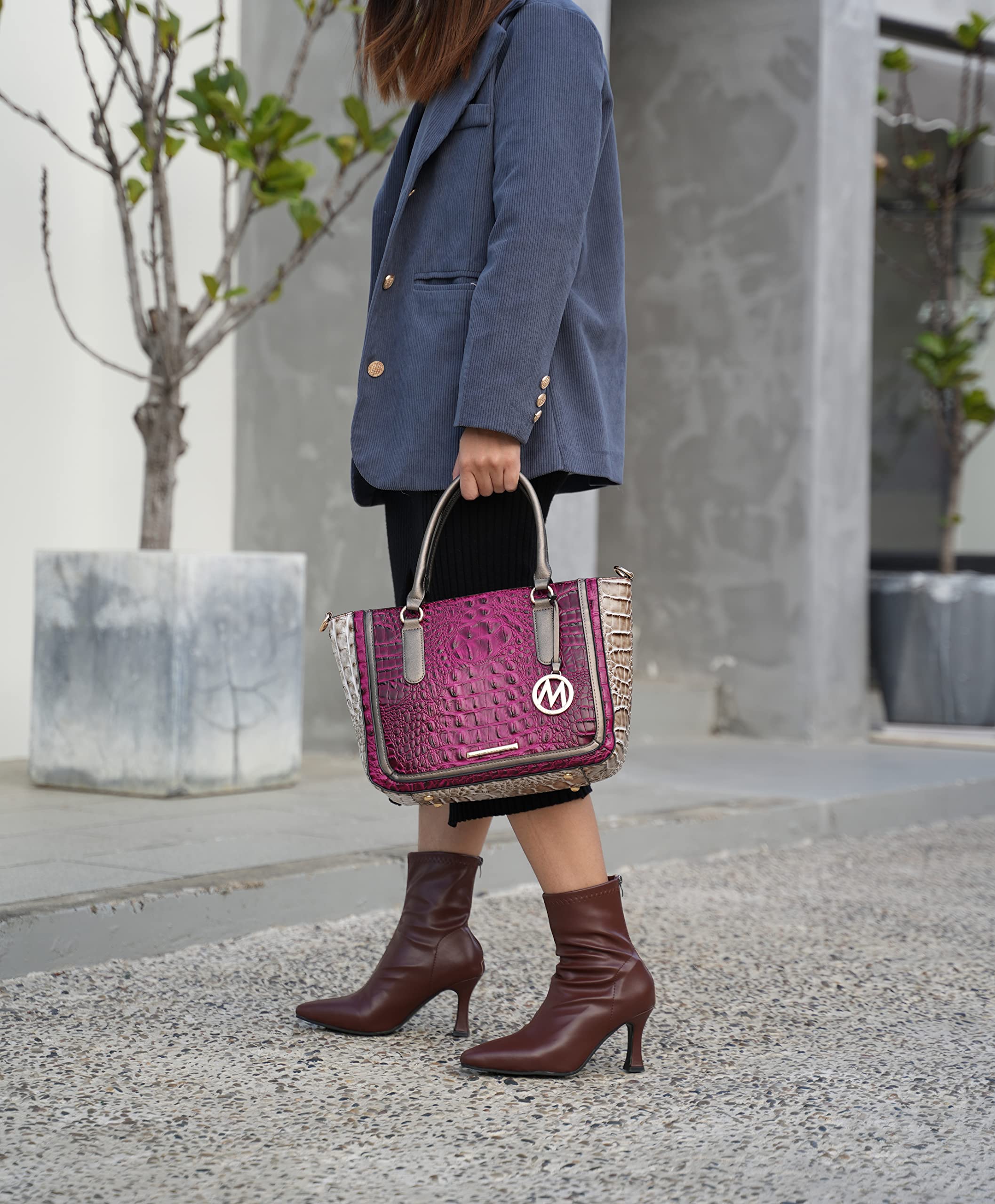 MKF Collection Satchel Bag for Women’s,Crocodile Embossed Vegan leather Crossbody Tote Handbag Top-Handle Purse Cognac Brown by Mia k