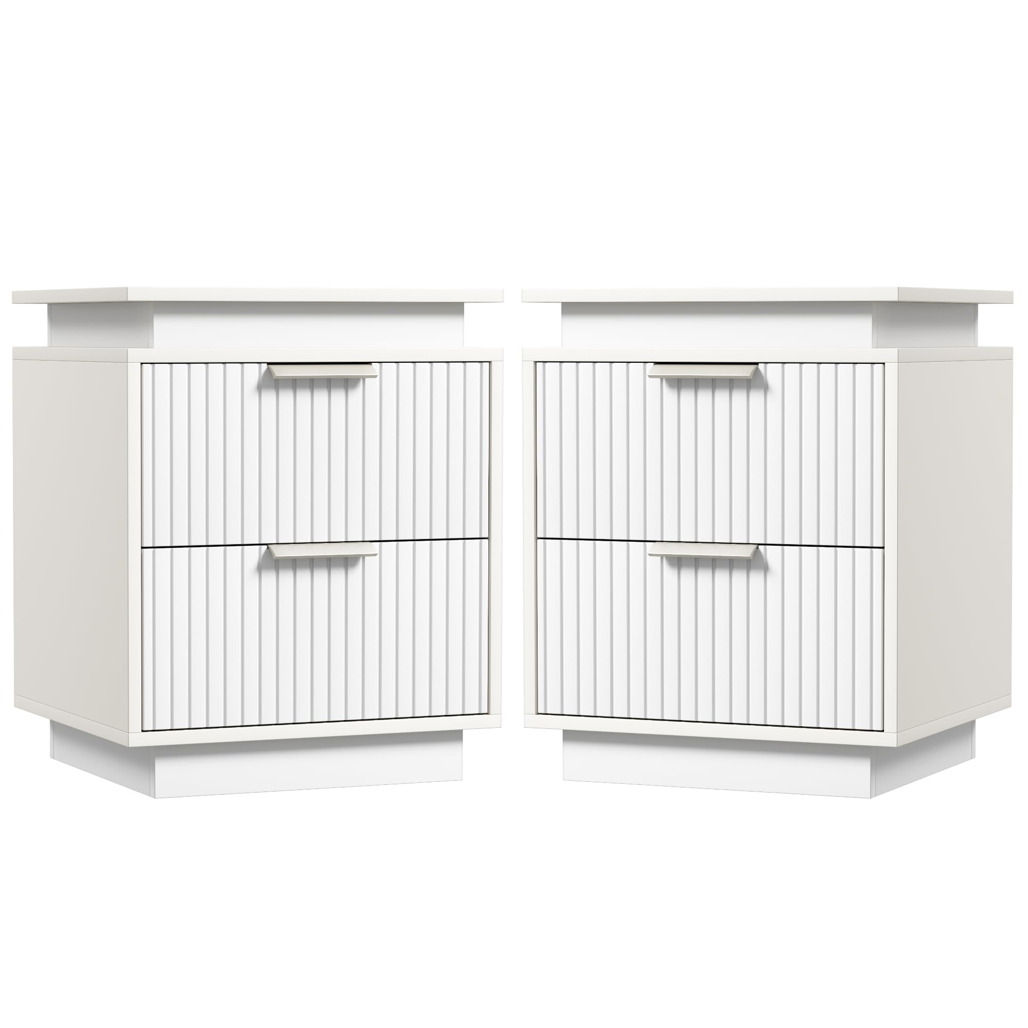 YESHOMY Nightstand with LED Lights, End Table with 2 Drawers and Waveform Panel, Night Stand with Handles, Set of 2, for Bedroom and Apartment, White