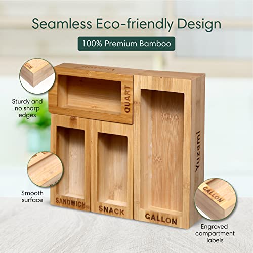 Yuzami Ziplock Bag Organizer , Bamboo Drawer Organizer , 4 Separate Baggie Organizer Storage Bag Organizer, also Includes 100 PCS Sandwich Ziplock Bags, Bag Storage Organizer for Kitchen Drawer