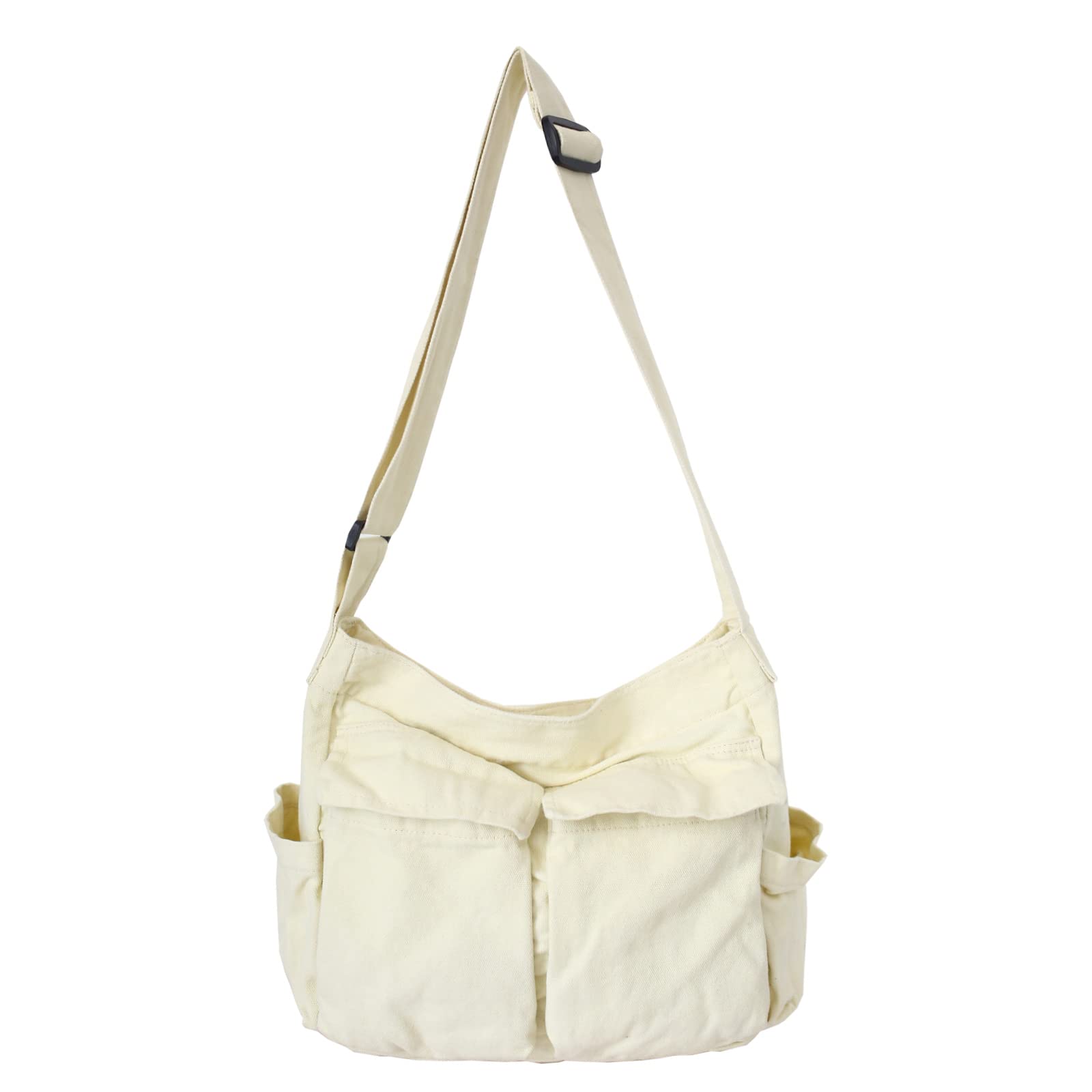 KlaOYer Canvas Messenger Bag Large Hobo Bag Crossbody Shoulder Bag Tote Bag with Pocket for Women and Men (White)