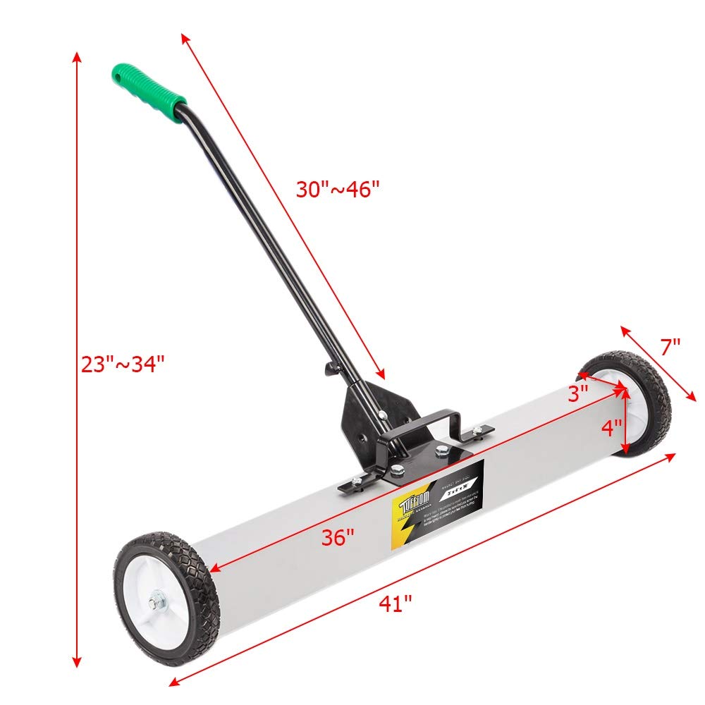 TUFFIOM 36-Inch Rolling Magnetic Pick-Up Sweeper | 30-LBS Capacity, with Quick Release Latch & Adjustable Long Handle, for Nails Needles Screws Collection