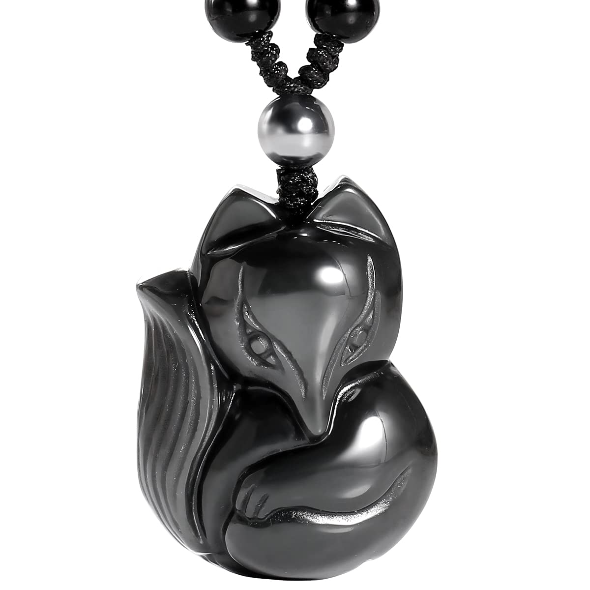 Jewever Black Obsidian Lucky Fox Necklace Natural Stone Healing Crystal Pendant Protection Amulet/Talisman Gemstons Pendant Jewelery