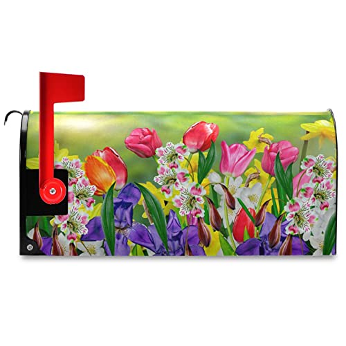 Spring Summer Flowers Mailbox Covers Magnetic Tulips Daffodils Daisy Florals Mailbox Cover Standard Size 18" X 21" Mailbox Wraps Post Letter Box Cover Garden Decorations