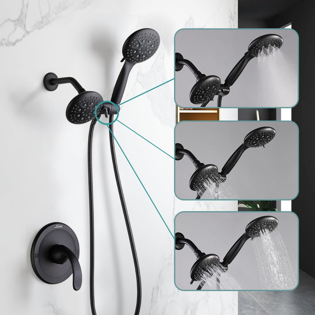 SWKB Shower Faucet Set Brushed Nickel Bathroom Rain Mixer Dual Shower Head System Wall Mounted Shower Fixture Single Handle Shower Trim and Valve Kit