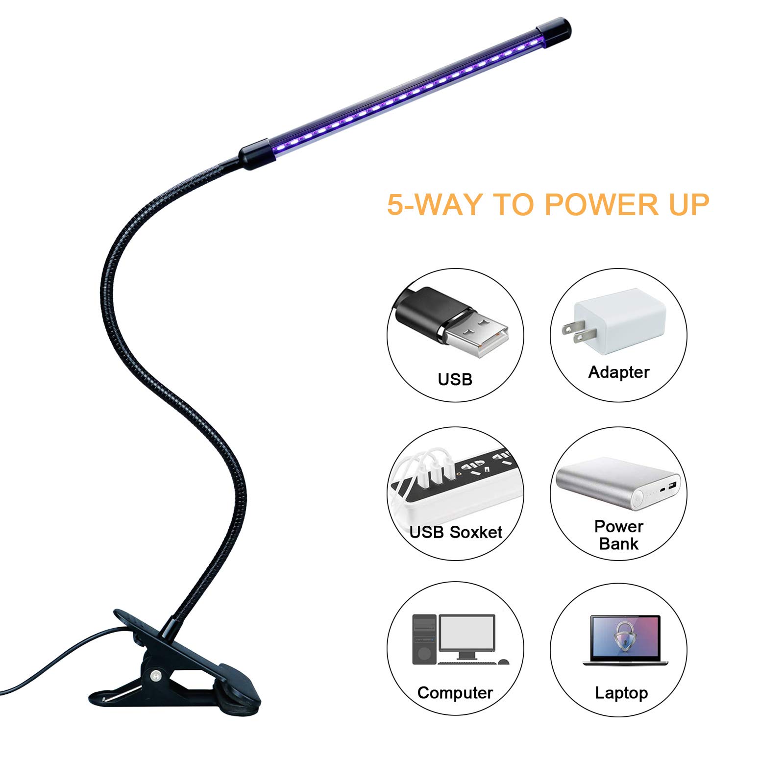 KXZM USB LED Blacklight with Desk Clamp, 360 Degree Rotating Gooseneck Purple Light 395-400nm Fixture for Paint, Fluorescent Poster