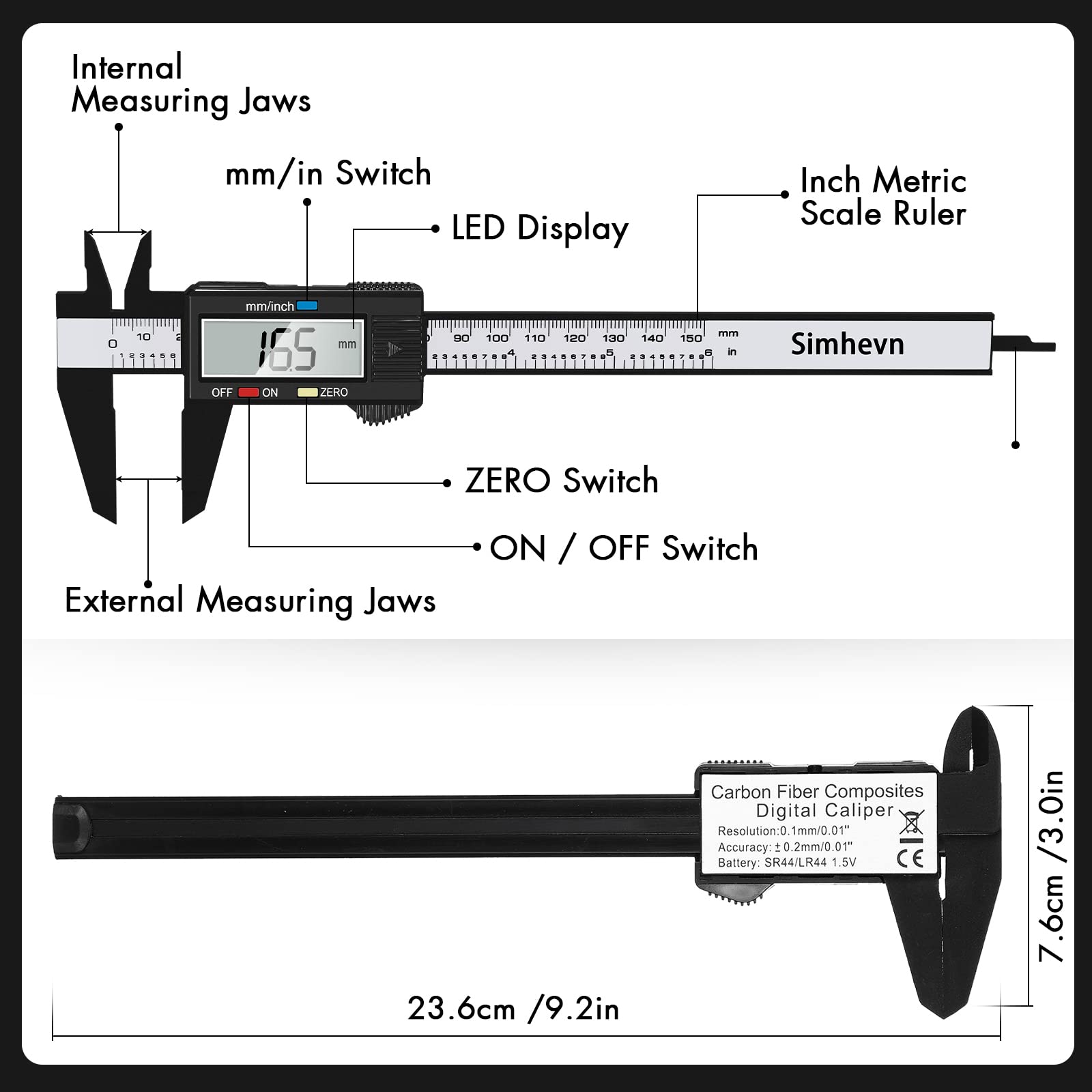 Simhevn Electronic Digital Caliper, LCD | 0 to 6 inch Inch and Millimeter Conversion, Automatic Shutdown Function, Very Suitable for home/jewelry/3D Printing/DIY Measurement, etc