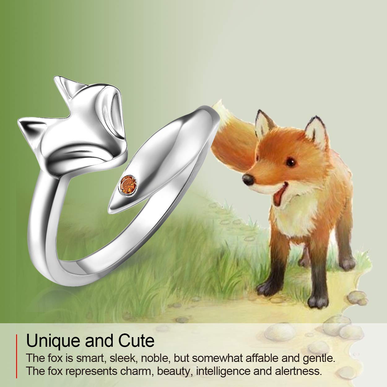 Jewever S925 Sterling Silver Women Fox Tail Open Rings Fine Jewelry Inlaid Red Cubic Zirconia Gift