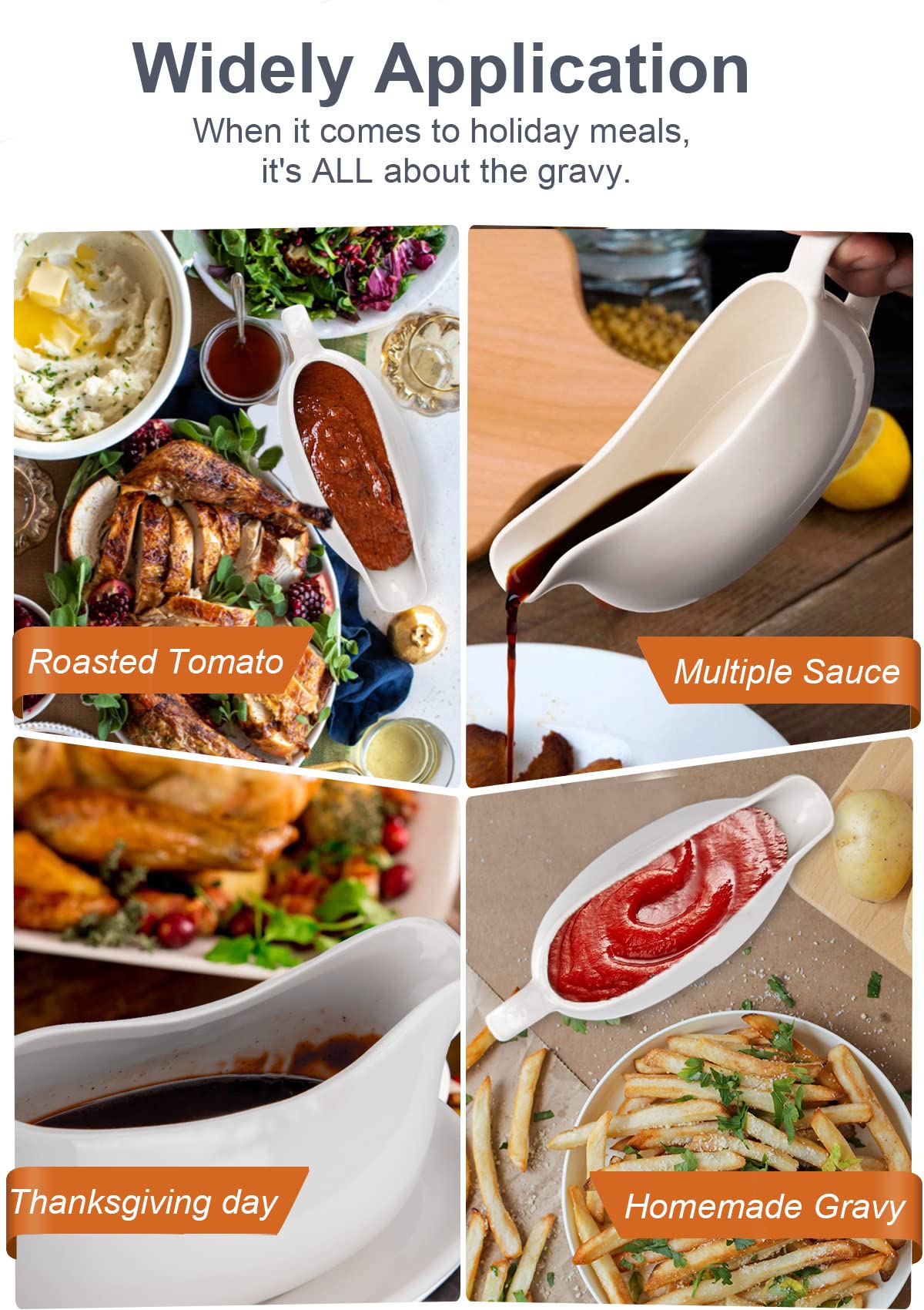 Nucookery Large 17 Oz Gravy Boat and Tray | Ergonomic Handle | White Fine Porcelain Saucier With Big Dripless Lip Spout For Gravy, Warming Sauces, Salad Dressings, Milk | Microwave & Freezer Safe