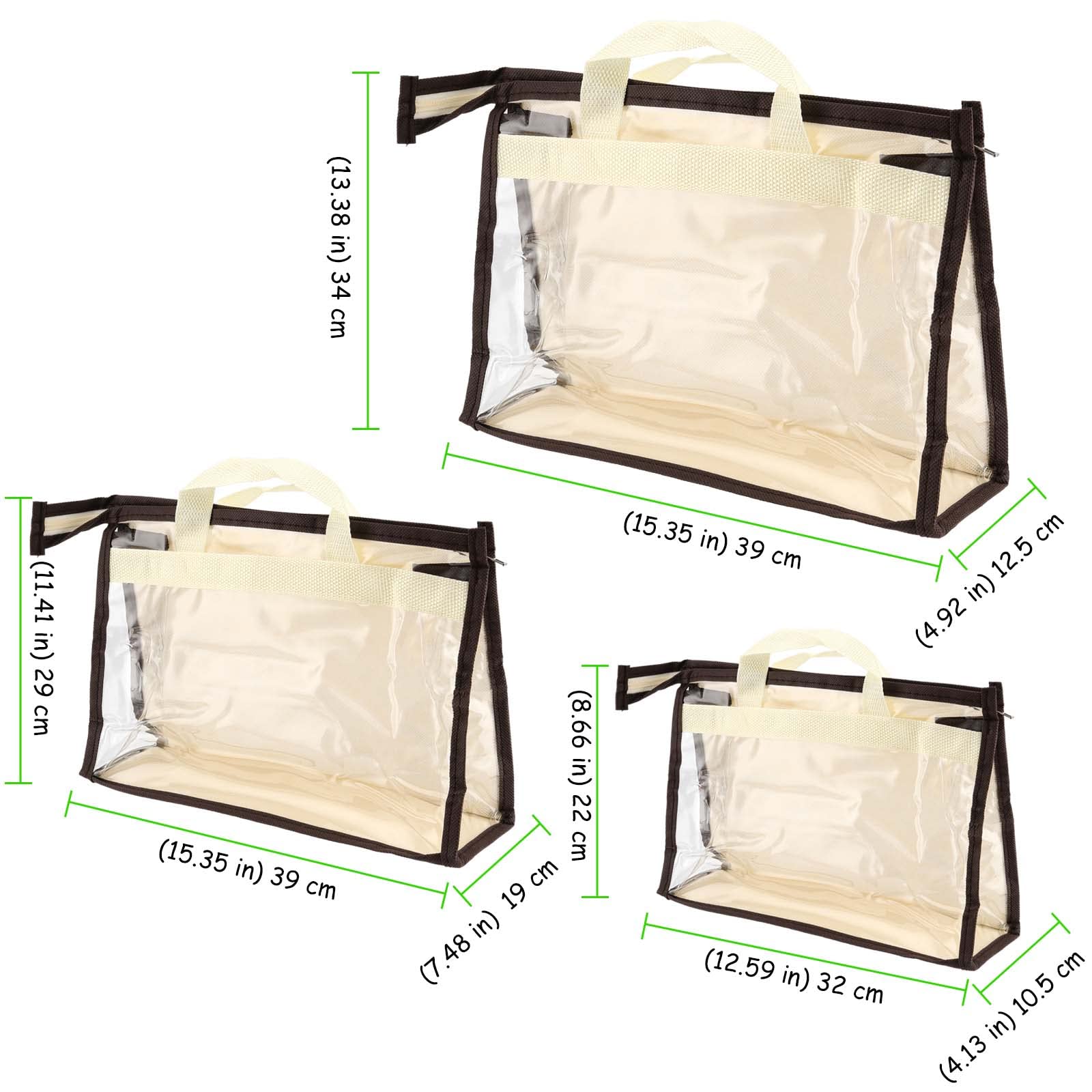 TAICHEUT 18 Pack 3 Sizes Clear Handbag Storage, Clear Purse Protector Bag with Zipper and Handle Purse Storage Dust Bags for Closet, Beige and Clear