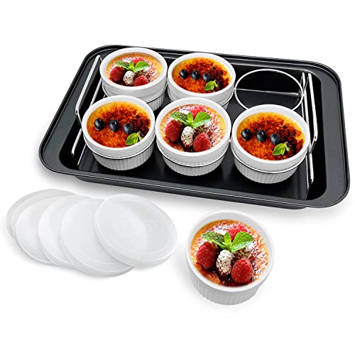 Ramekins Set with 6 Silicone Lids, Mothers Day Gifts Creme Brulee Making Set, Set of 6 Porcelain Ramekins, Oven Safe Covered Bowls & SoufflƩ Ramiken