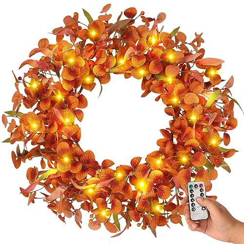 XHXSTORE 22" Fall Wreaths for Front Door with 30 LED Warm Lights Artificial Fall Eucalyptus Wreath with Berries Autumn Door Wreath for Home Farmhouse Indoor Outdoor Festival Window Wall Decor
