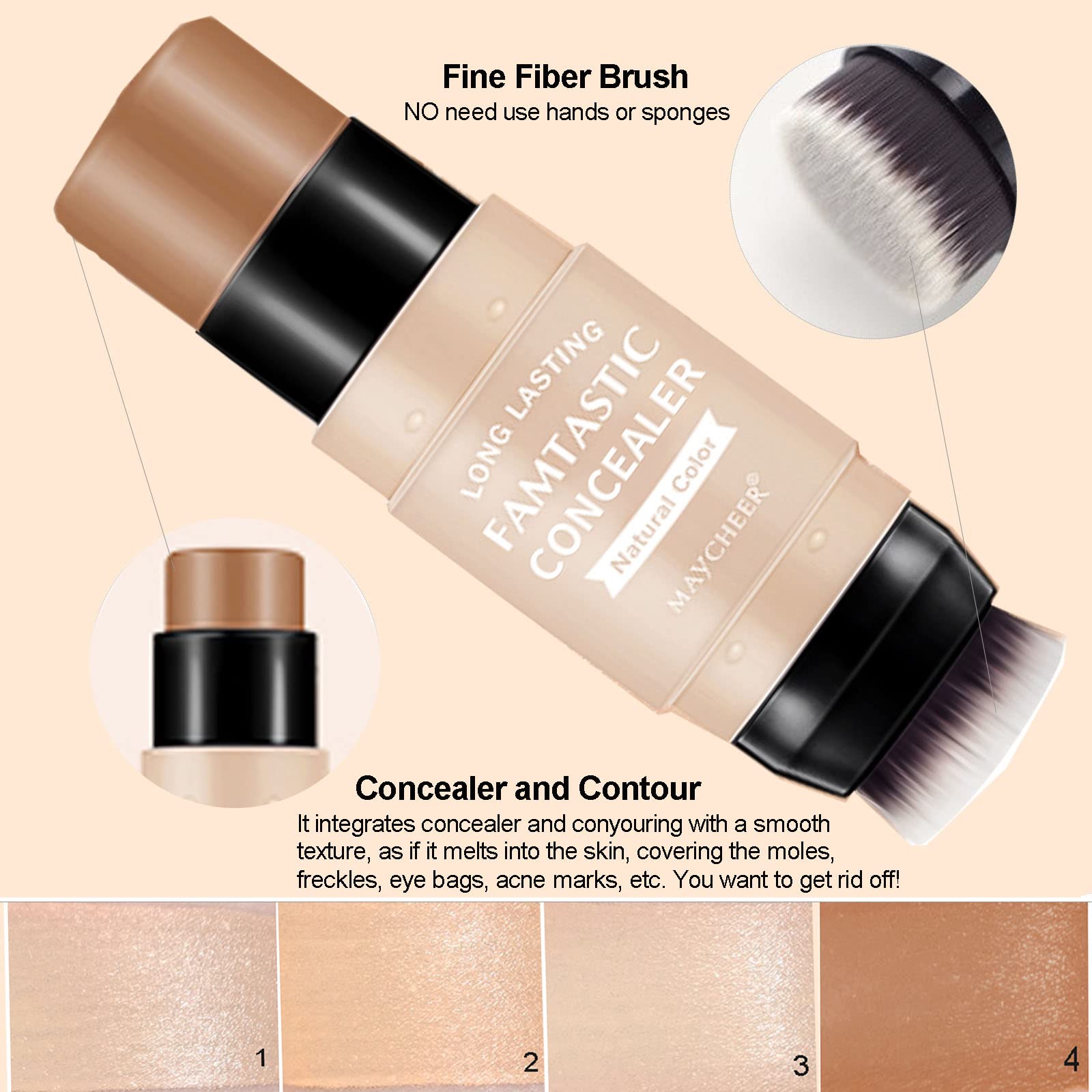 Upgrade Contour Stick, Concealer Highlighter Stick with Brush, Blends Easily, Waterproof and Longlasting Foundation Bronzer Stick, Professional Face Body Creamy Contour Makeup(4#Contour)