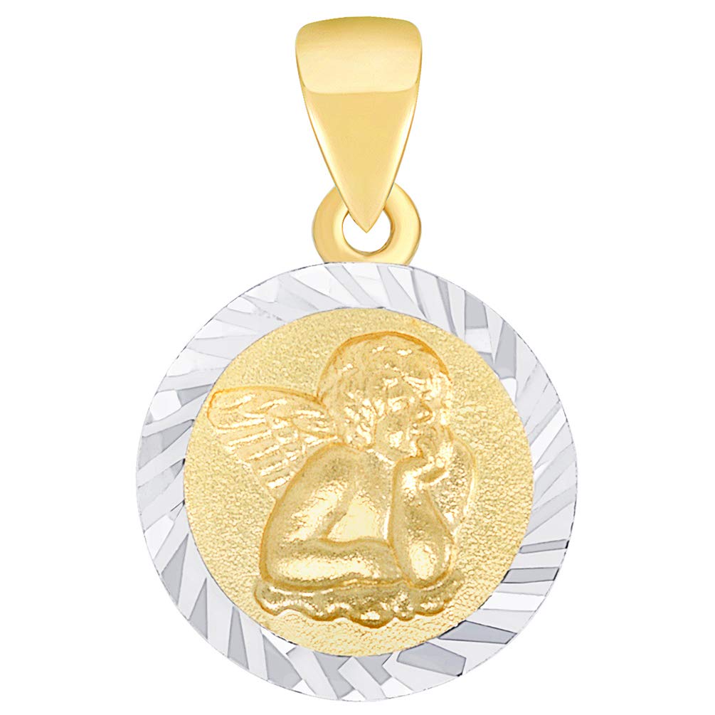 Jewelry America Solid 14K Yellow Gold Round Guardian Angel Textured Medallion Charm Pendant