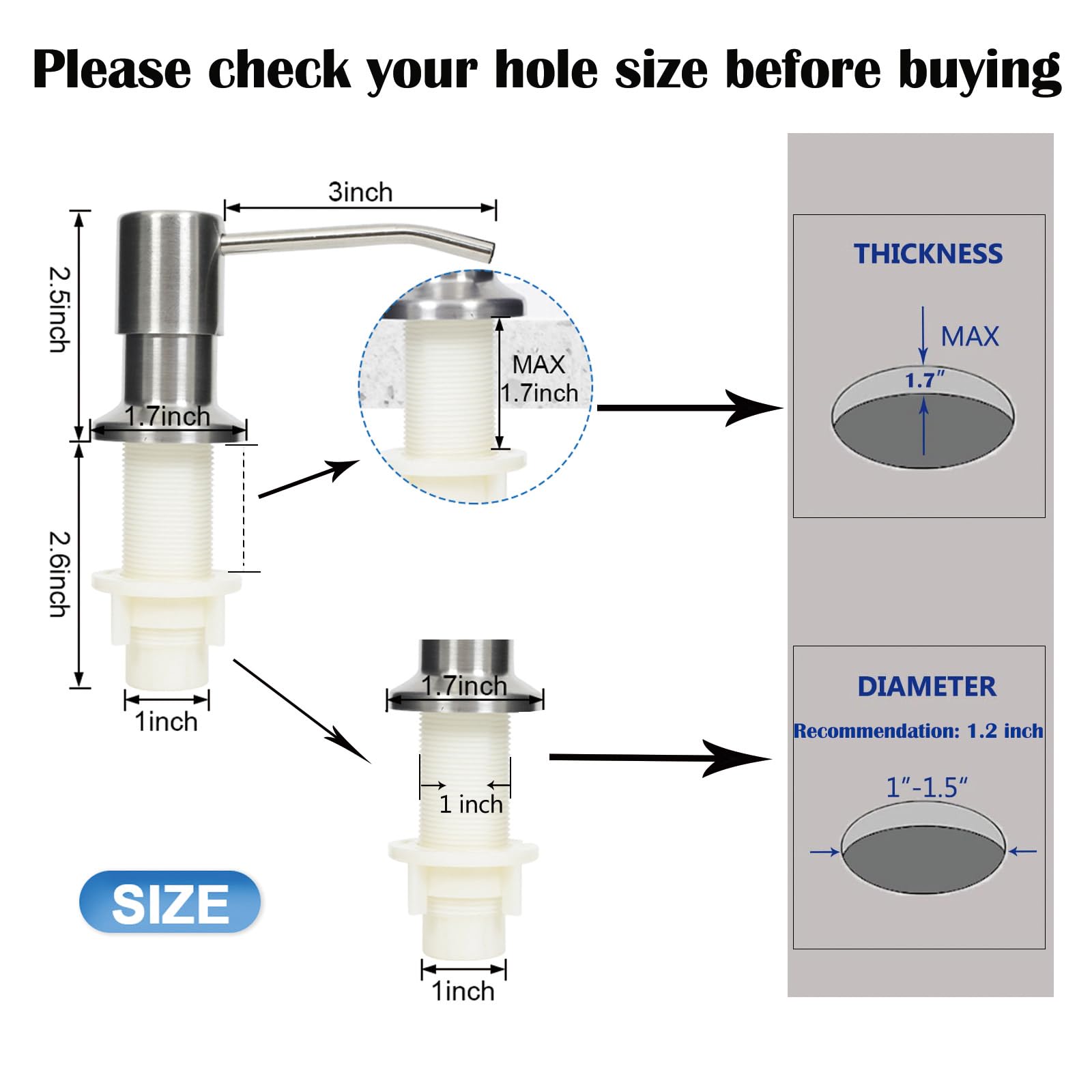 Soap Dispenser for Kitchen Sink, Built in Sink Soap Dispenser (Brushed Nickel), Countertop Soap Dispenser Pump with 47" Extension Tube kit, No Need to Fill Little Bottle Again (Longer Thread Shaft)