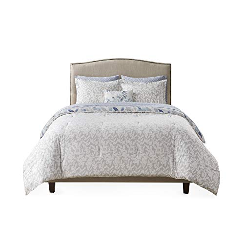 Madison Park Essentials Cozy Bed in a Bag Reversible Comforter with Complete Sheet Set - Modern Botanical Print All Season Cover, Shams, Decorative Pillow, King(104"x92"), Blue 8 Piece