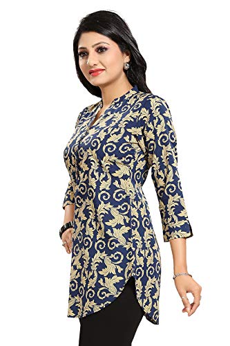 Keshubaba Indian Kurtis for Women - Crepe Indian Style Short Kurta Kameez - Printed Tunics Tops for Jeans & Leggings (Blue/3X-Large)
