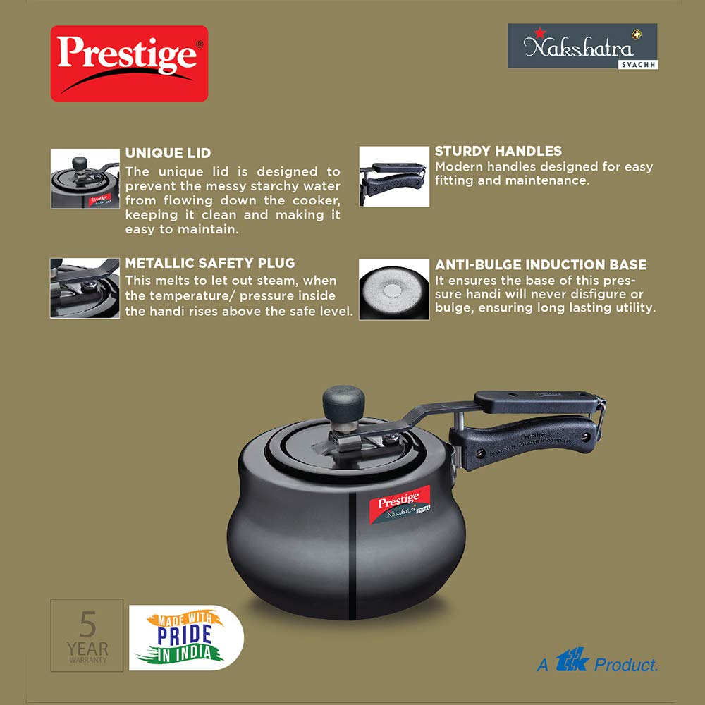 Prestige Nakshatra Plus Svachh Hard Anodised Aluminium Spillage Control Handi Pressure Cooker (Black), 2 Liter