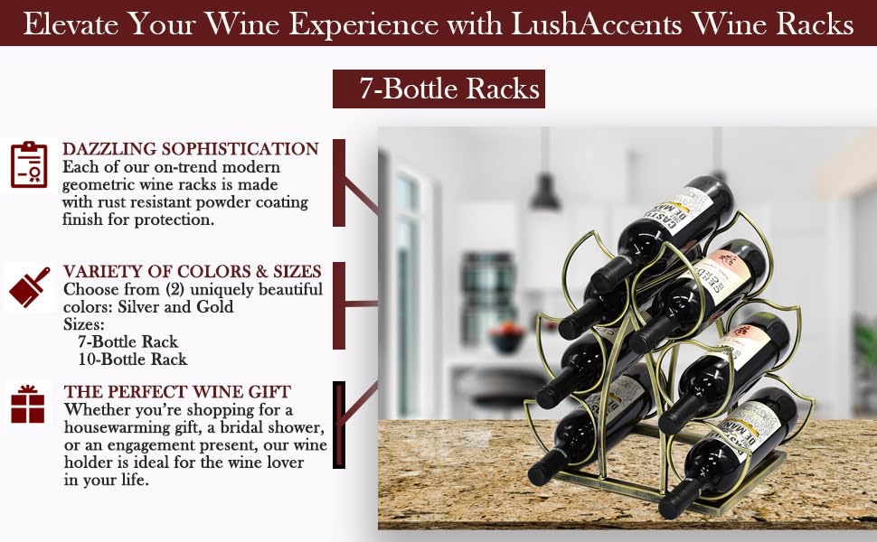 LushAccents Countertop Wine Rack - 7 Bottle Freestanding Modern Silver Metal Small Wine Rack - 3 Tier Tabletop Wine Holder Stand for Countertop, Pantry, Cabinet, Wine Bottle Storage