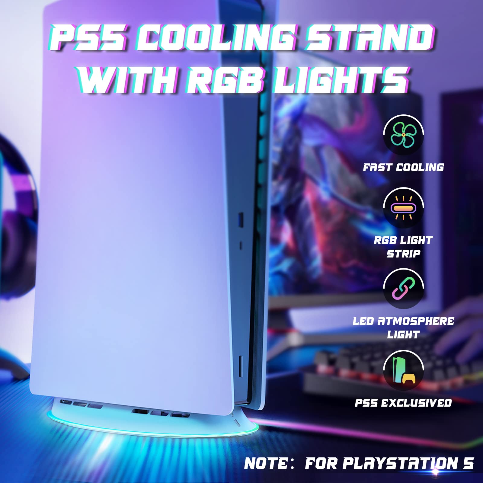 PS5 Cooling Station with RGB, IINE PS5 Vertical Stand with Suction Cooling Fan and Auto-Speed, PS5 Accessories for PS5 Console with 8 RGB Lighting Modes (White)
