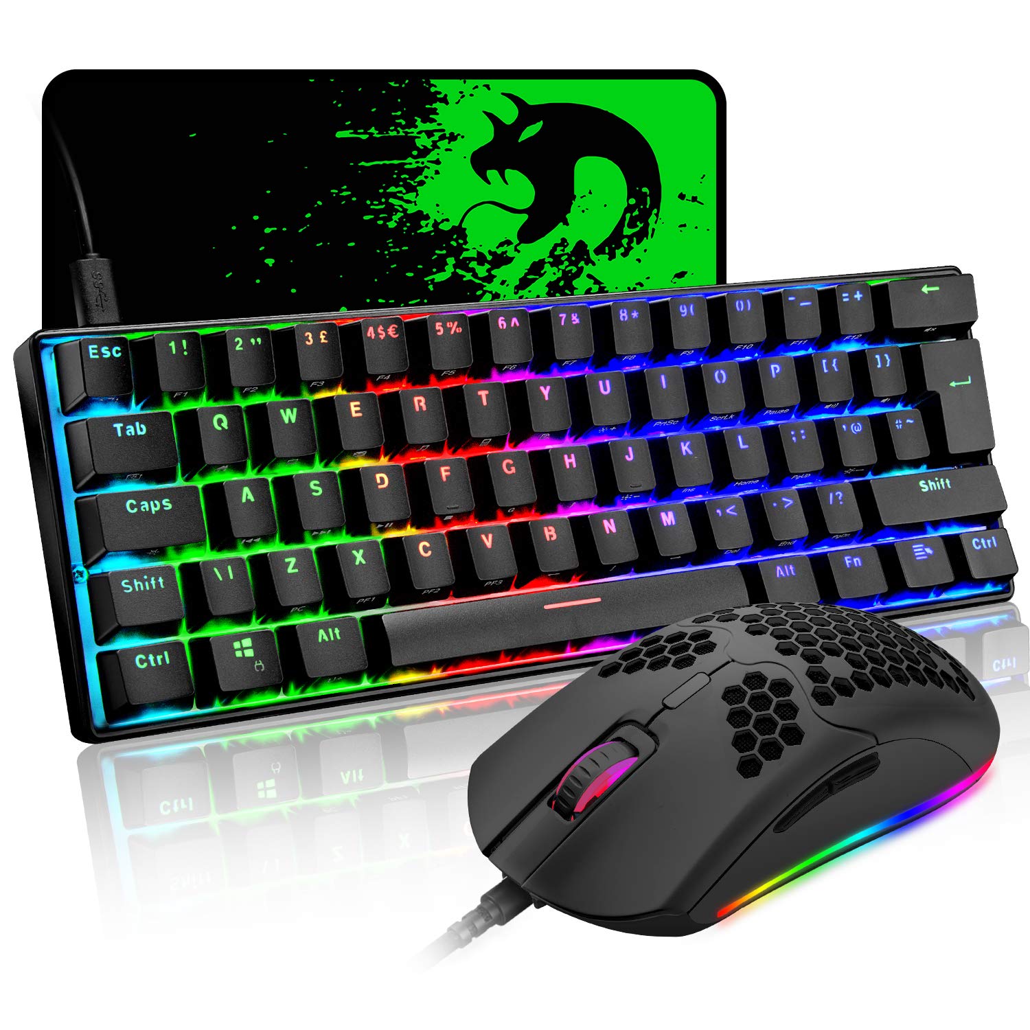Mechanical Gaming Keyboard and Lightweight Honeycomb Mouse Combo with Rainbow RGB Backlit Full Anti-ghosting 61 Key Ergonomic Programmable Mice Wired USB for Laptop PC Gamer Typist(Black/Blue Switch)