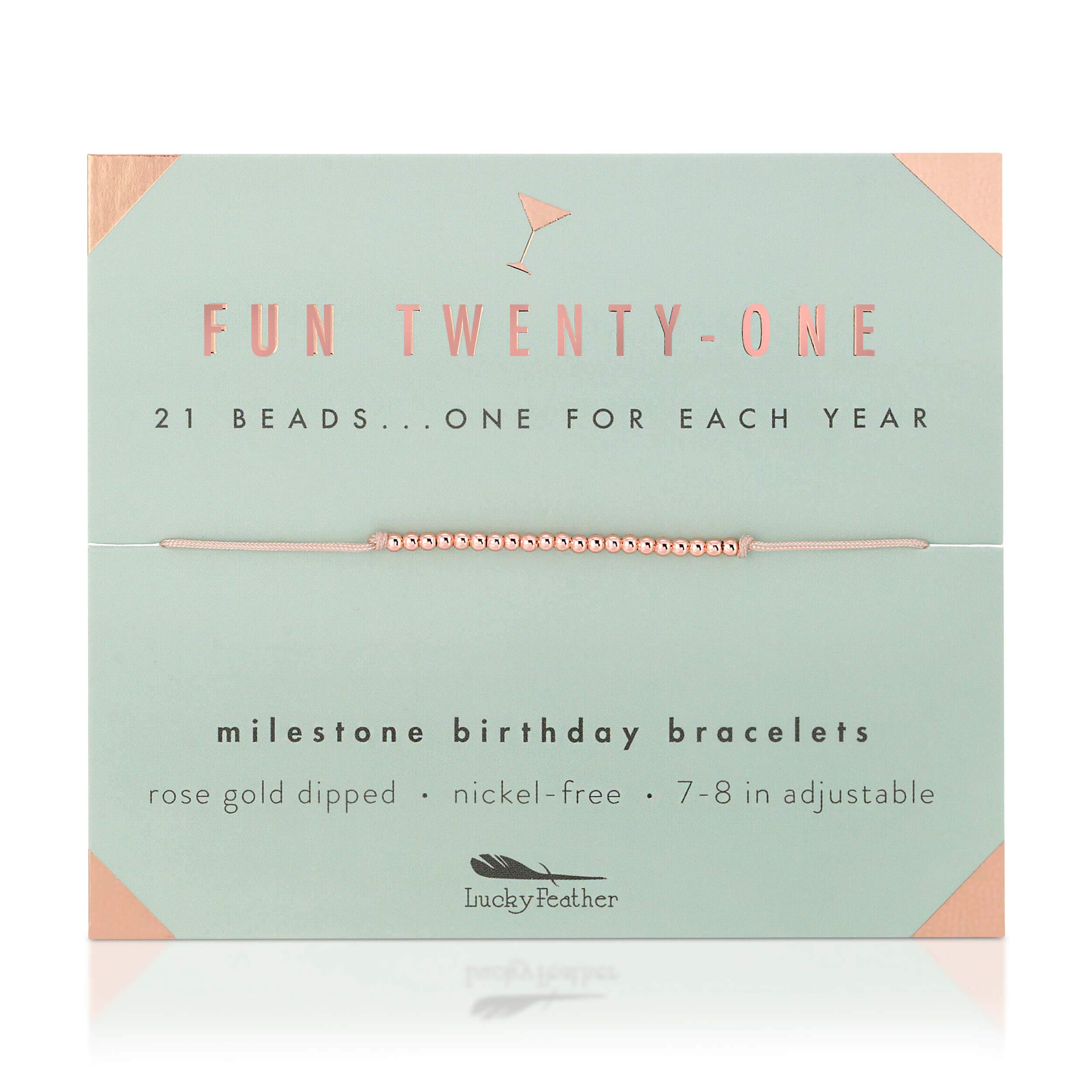 Lucky Feather 21st Birthday Gifts For Her - 14K Gold Dipped Beads Bracelet on Adjustable 7”- 8” Cord - Women Turning 21 Birthday Gifts For Her (rose-gold-plated-base)