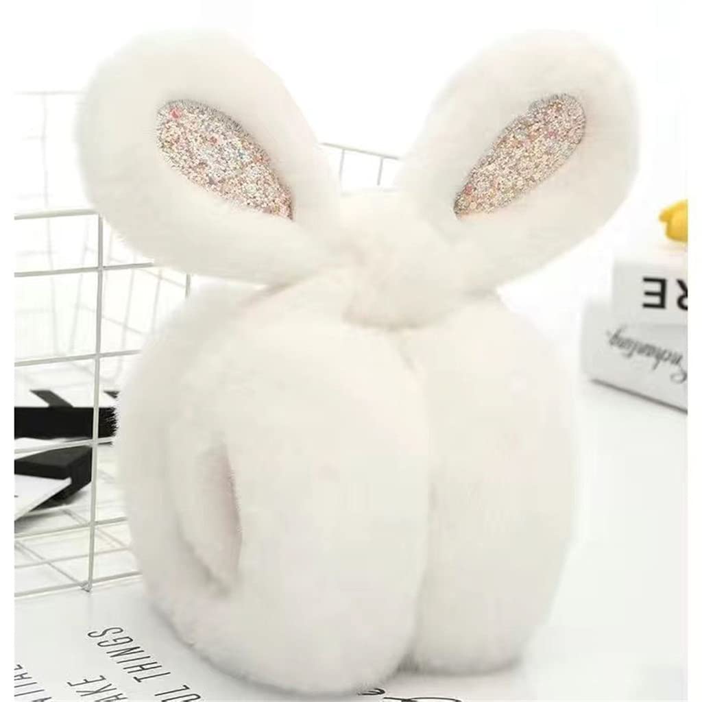 MMLLZEL Khaki Winter Earmuffs for Women Cute Rabbit Ears Warm Earflaps Thicken Furry Fold Ear Muffs Ear Cover Protector Solid Letter Ear Muffs